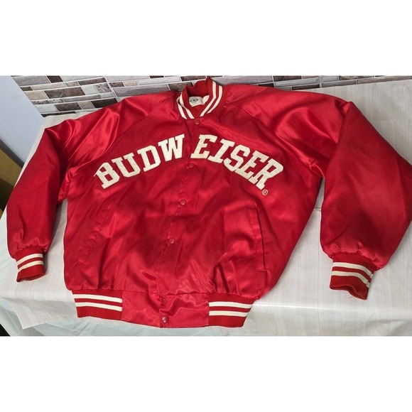 Budweiser | Jackets & Coats | Vintage Budweiser Bomber Jacket Red Satin ...